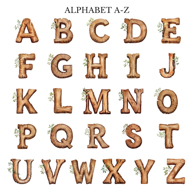 Rustic Wood Alphabet Letters A-Z & Numbers 1-9 Clip Art - 300 DPI PNG ...