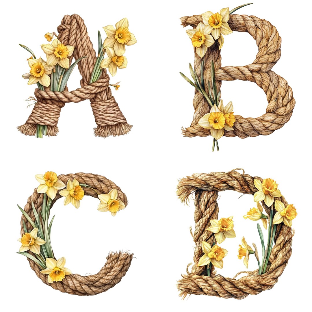 Daffodil Rope Alphabet A-Z & Numbers 1-9 PNG, Easter Spring Floral ...