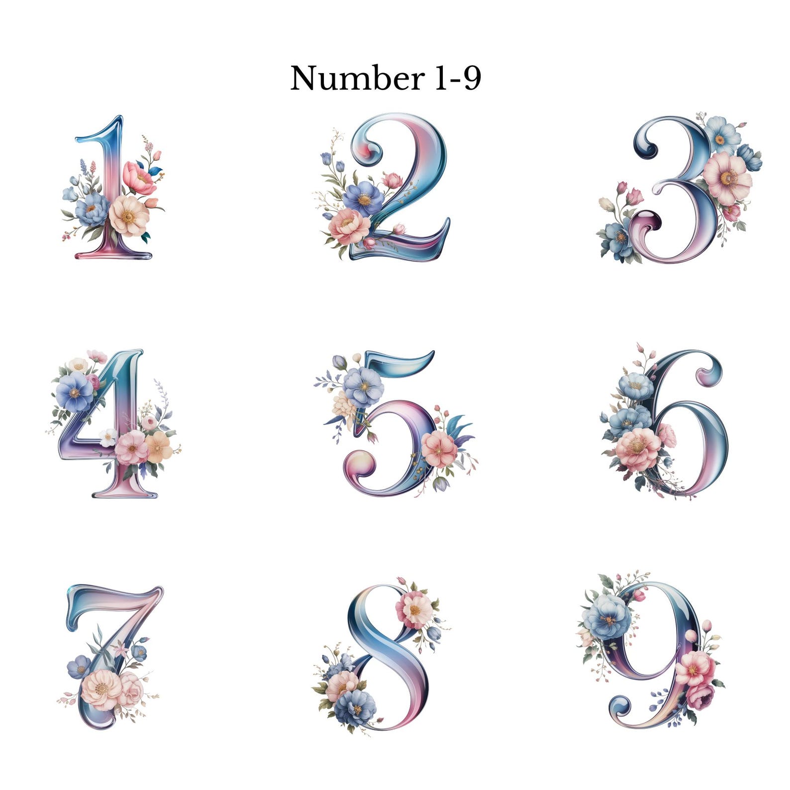 Pastel Floral Alphabet Letters A-Z Numbers 1-9 Clip Art - 300 DPI PNG ...