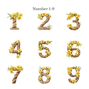 Daffodil Rope Alphabet A-Z & Numbers 1-9 PNG, Easter Spring Floral ...