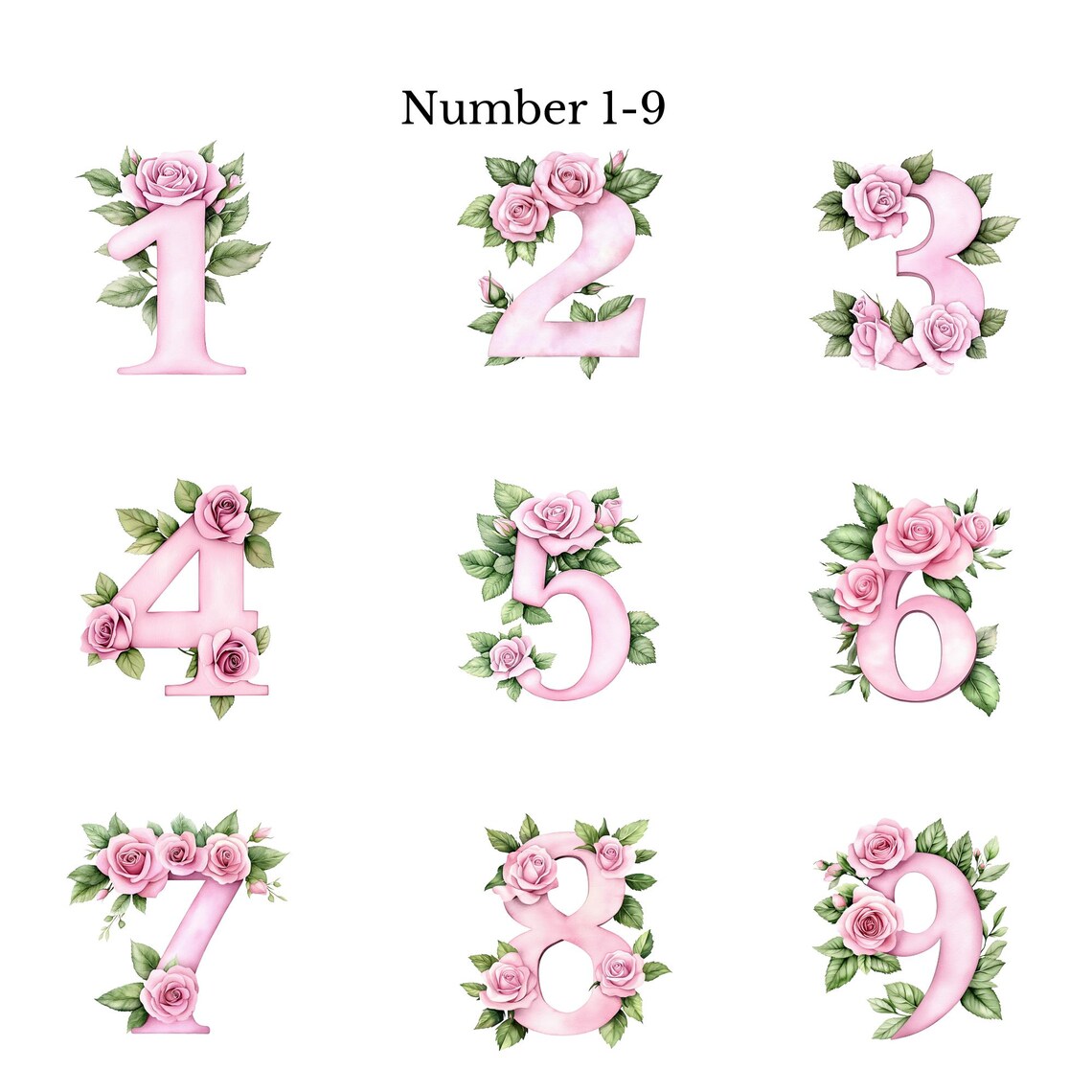 Floral Pink Rose Alphabet A-Z & Numbers 1-9 PNG, Watercolor Pink Rose ...
