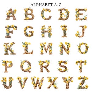 Daffodil Rope Alphabet A-Z & Numbers 1-9 PNG, Easter Spring Floral ...