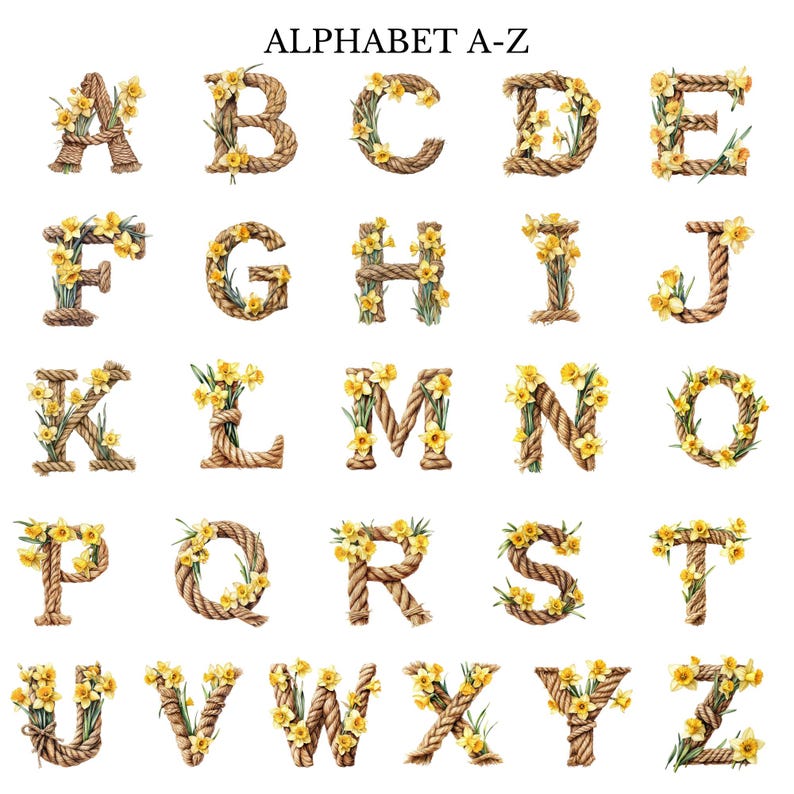 Daffodil Rope Alphabet Clipart: Spring Floral Letters (PNG Digital ...