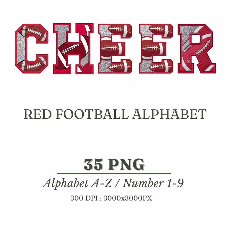 Red Football Alphabet Clipart: Glitter Patch Letters, Numbers (PNG ...
