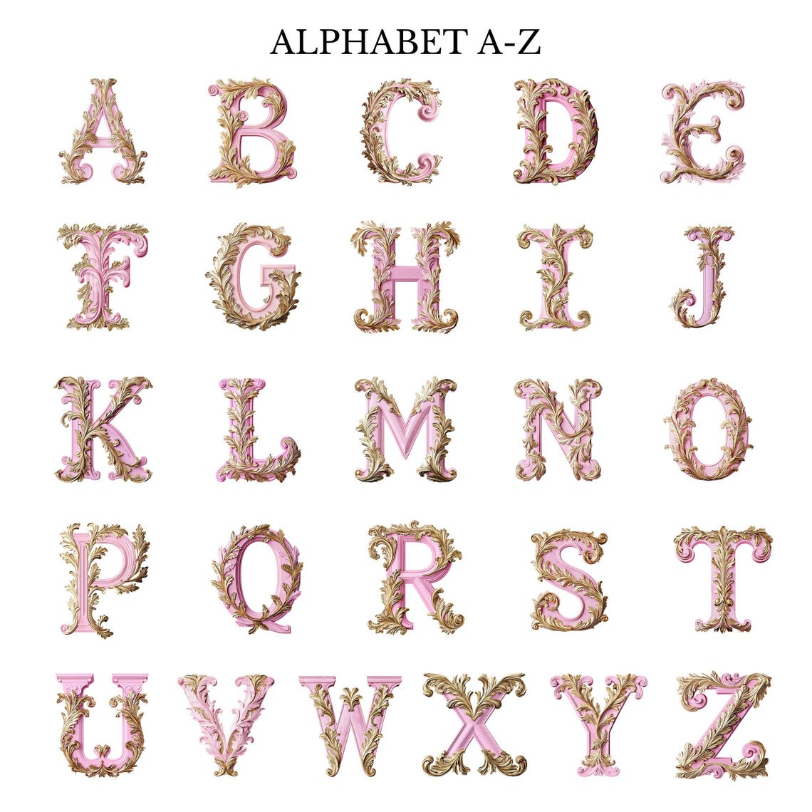 Baroque Pink & Gold Alphabet Clipart: Ornate 3D Letters (PNG Digital ...