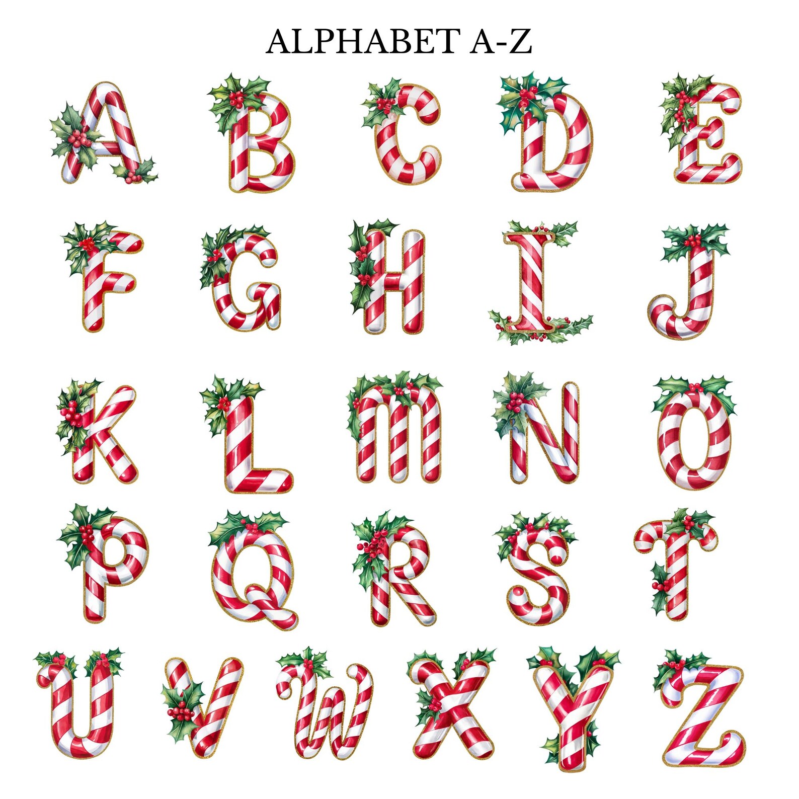Candy Cane Christmas Alphabet Clip Art, A-Z Letters , 0-9 Numbers ...