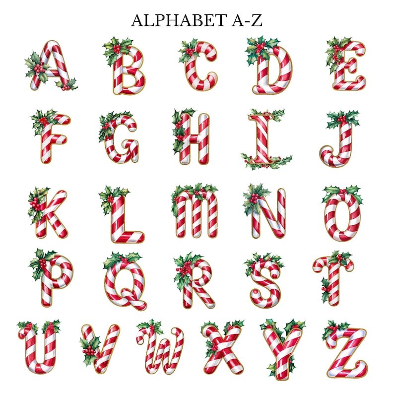 Candy Cane Christmas Alphabet Clip Art, A-Z Letters , 0-9 Numbers ...