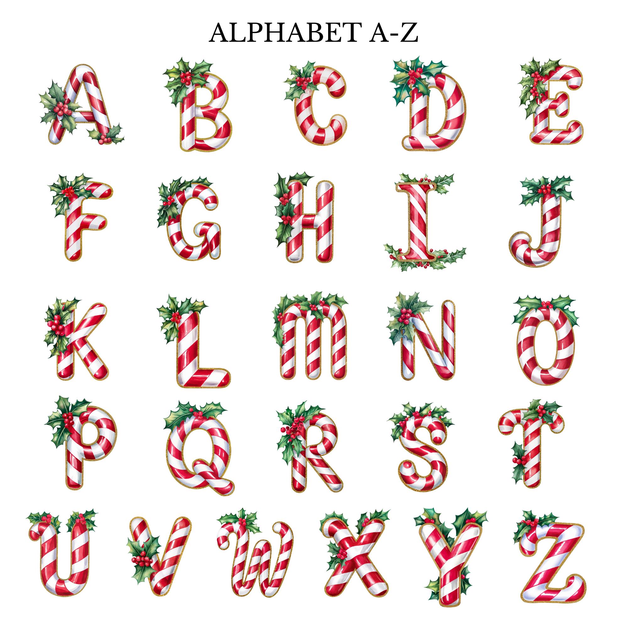 Candy Cane Christmas Alphabet Clip Art, A-Z Letters , 0-9 Numbers ...
