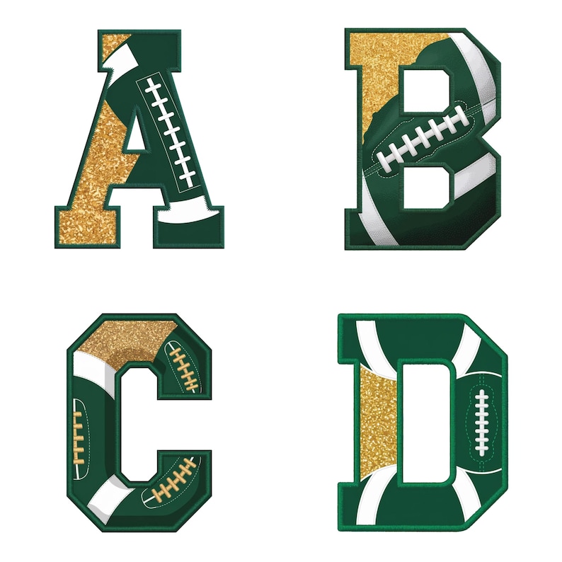 Green Football Alphabet, Faux Embroidery Stitch Alpha, American ...