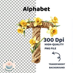 Daffodil Rope Alphabet A-Z & Numbers 1-9 PNG, Easter Spring Floral ...