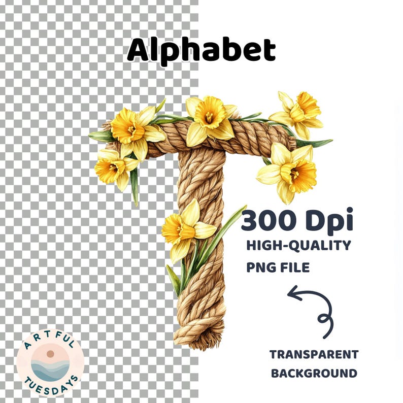 Daffodil Rope Alphabet Clipart: Spring Floral Letters (PNG Digital ...