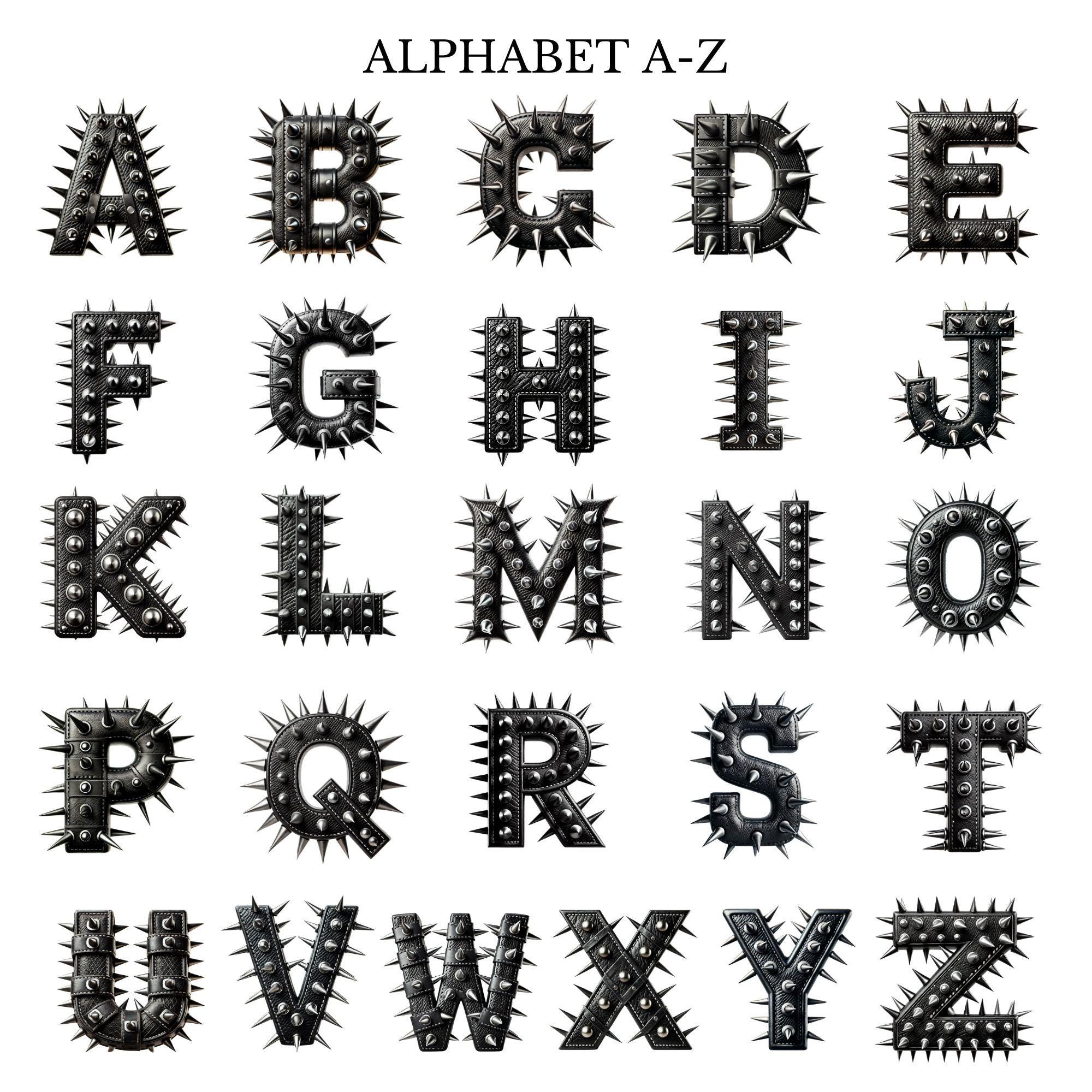 Punk Rock Spiked Leather Alphabet Clipart: Gothic Font (PNG Digital ...