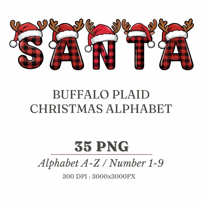Buffalo Plaid Christmas Alphabet Clip Art: Santa Hat Antlers (digital ...