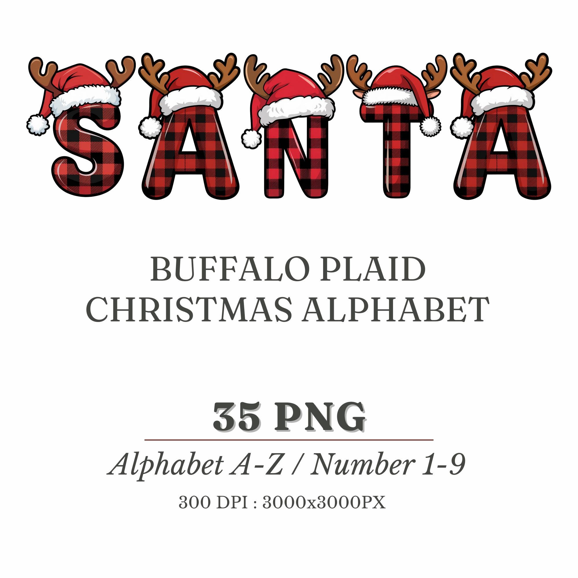 Buffalo Plaid Christmas Alphabet Clip Art: Santa Hat Antlers (digital ...