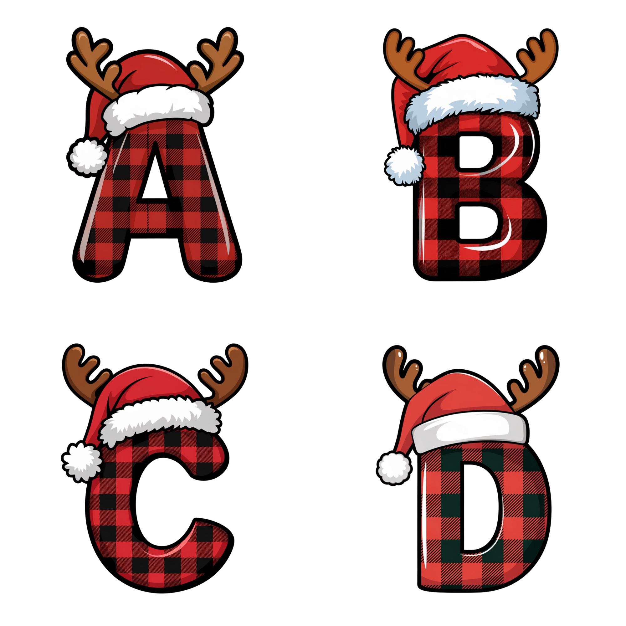 Buffalo Plaid Christmas Alphabet Clip Art: Santa Hat Antlers (digital ...