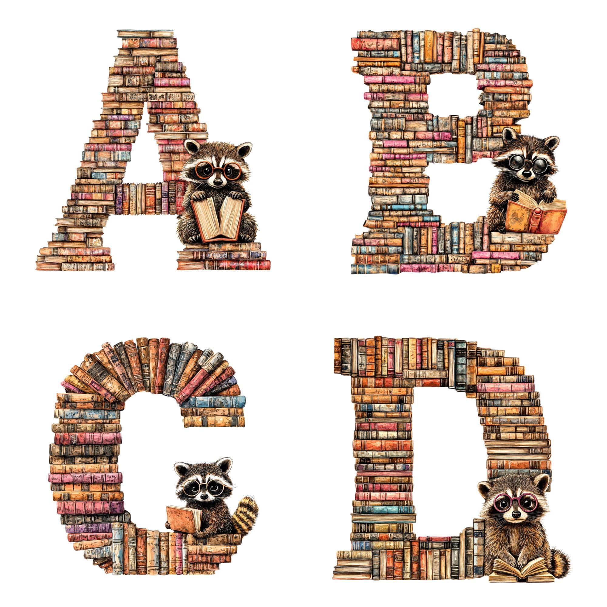 Vintage Bookshelf Alphabet Clipart A-Z & Numbers 1-9, Nerdy Raccoon ...