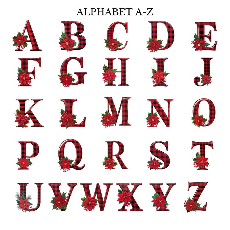Red Buffalo Plaid Christmas Alphabet PNG: Holiday Clipart (digital ...