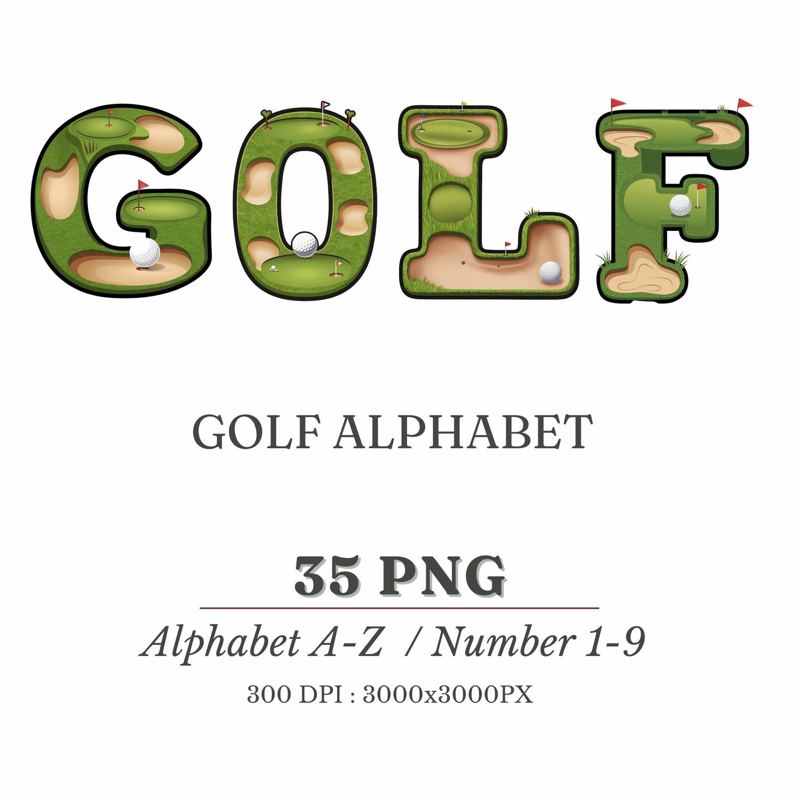 Golf Alphabet A-Z Numbers 1-9 Clip Art - 300 DPI PNG - Fun Golf Course ...