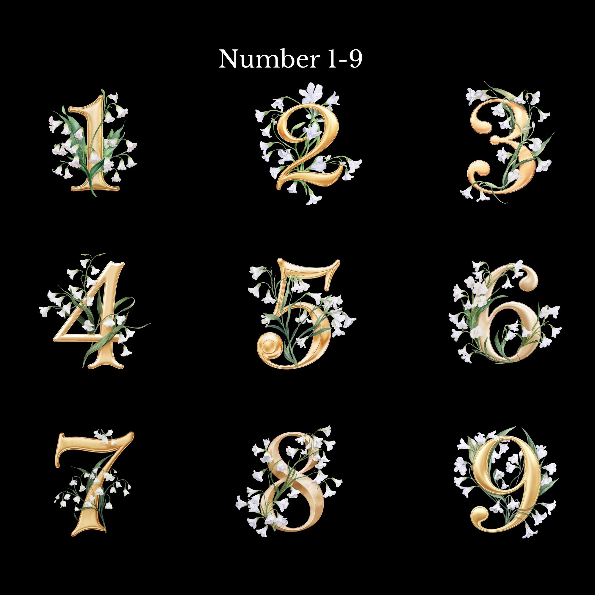 Lily of the Valley Alphabet & Numbers Clip Art, Gold Letters A-Z, 1-9 ...