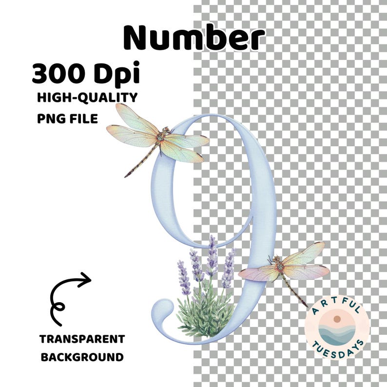 Dragonfly Alphabet Letters A-Z & Numbers 1-9 Clipart, Lavender Floral ...