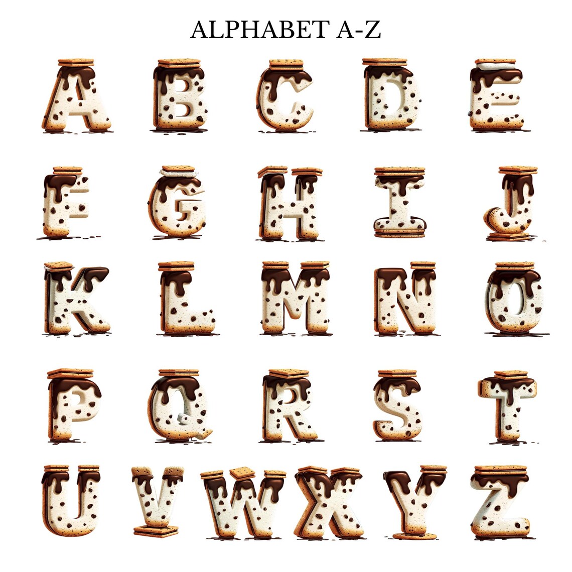 S'mores Alphabet Clipart: Chocolate Marshmallow Font (PNG Digital ...