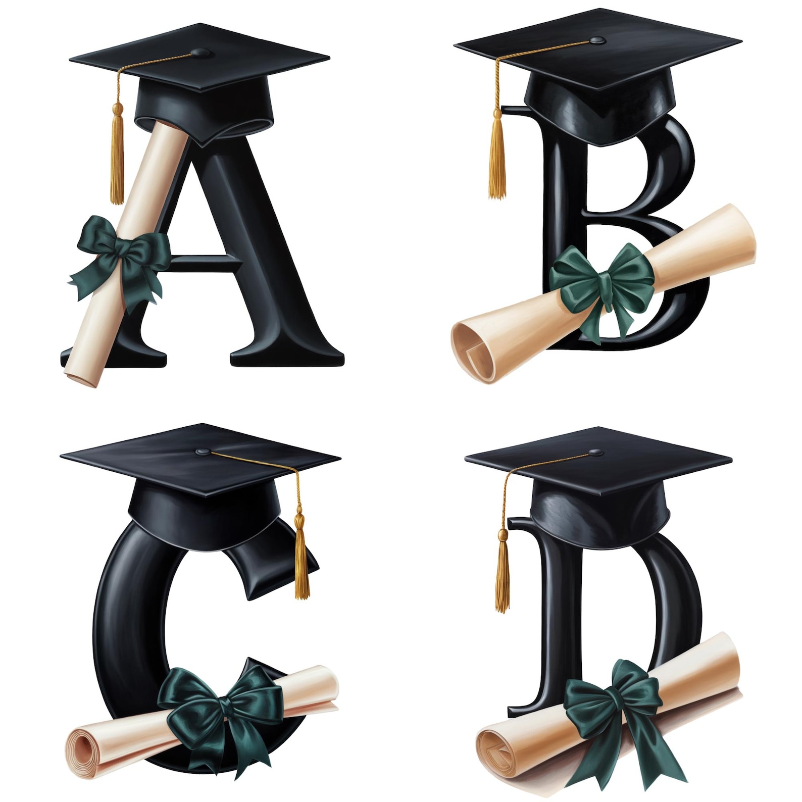 Graduation Alphabet Letters A-Z Number 1-9 | Black Cap & Green Ribbon ...