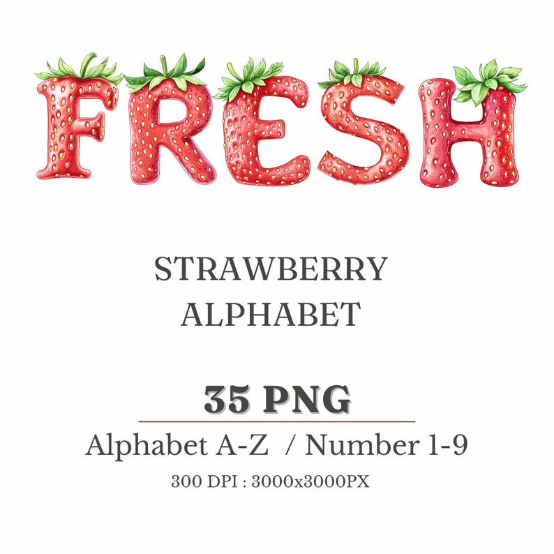 Strawberry Alphabet Clip Art: Fruit Letters, Numbers (PNG Digital ...