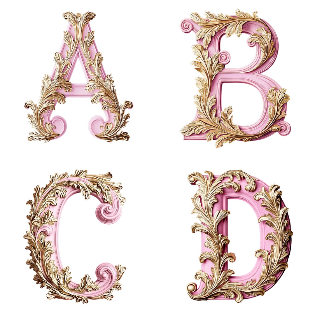 Luxury Baroque Pink & Gold Alphabet A-Z Numbers 1-9 PNG, Ornate Letters ...