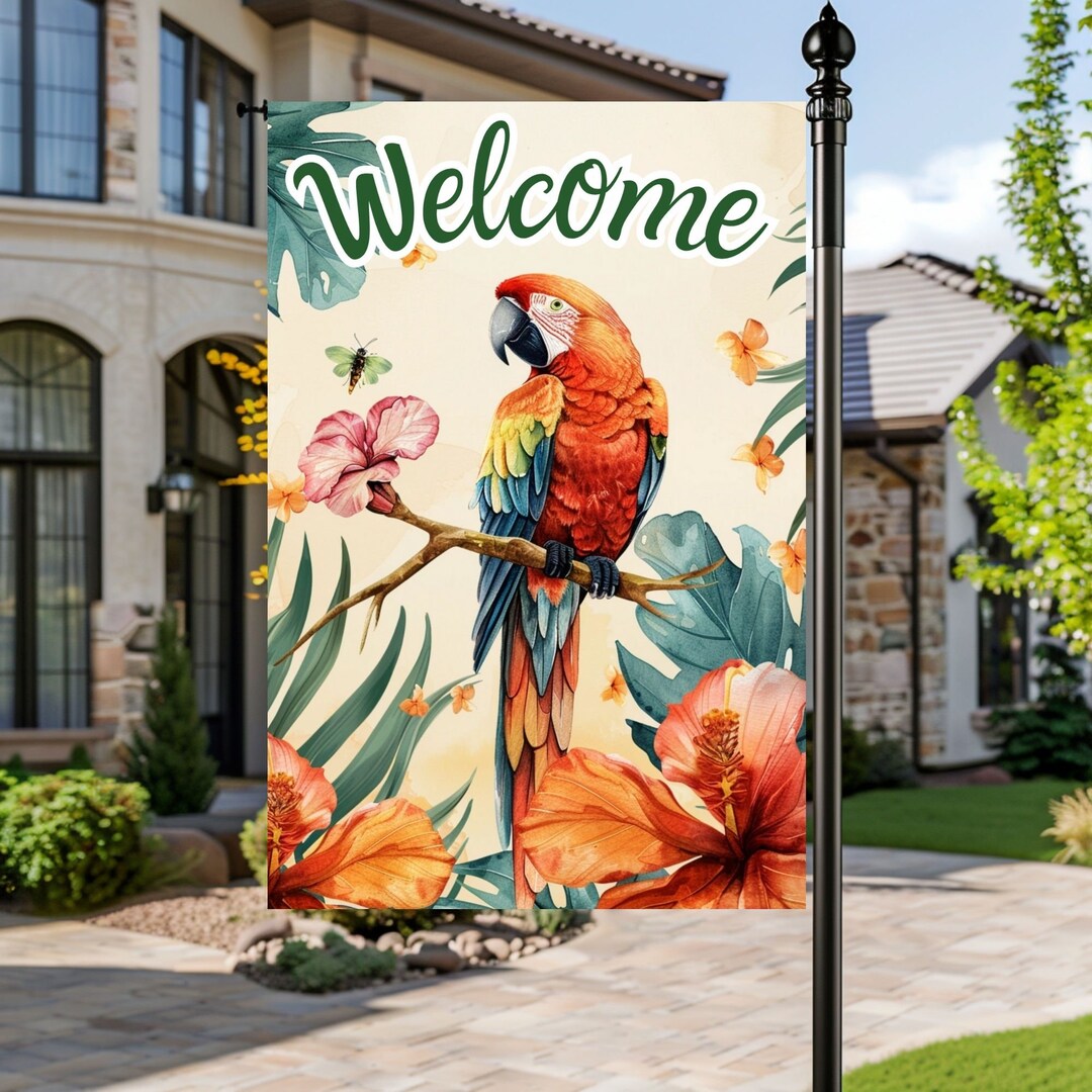 Tropical Parrot Welcome Garden Flag - Hawaiian Floral & Botanical ...