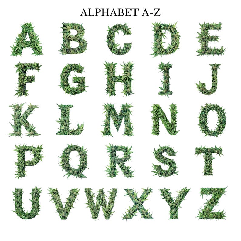 Marijuana Leaf Alphabet A-Z & Numbers 1-9 Clip Art, Cannabis Leaves ...