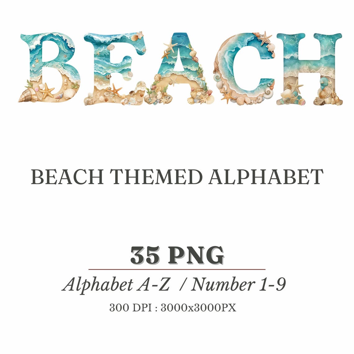 Beach Alphabet Clip Art: Seashell Ocean Letters, Coastal Numbers (PNG ...