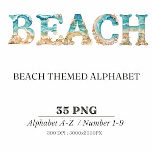 Beach Alphabet Clip Art: Seashell Ocean Letters, Coastal Numbers (PNG ...