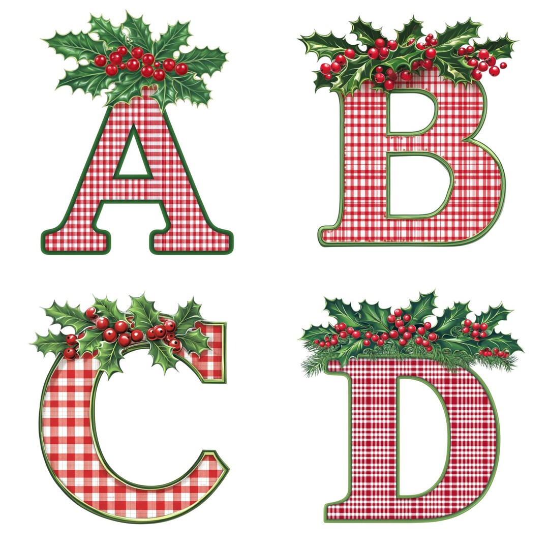 Red Plaid Alphabet Clipart With Holly Leaves | A-Z Letters, 0-9 Numbers ...
