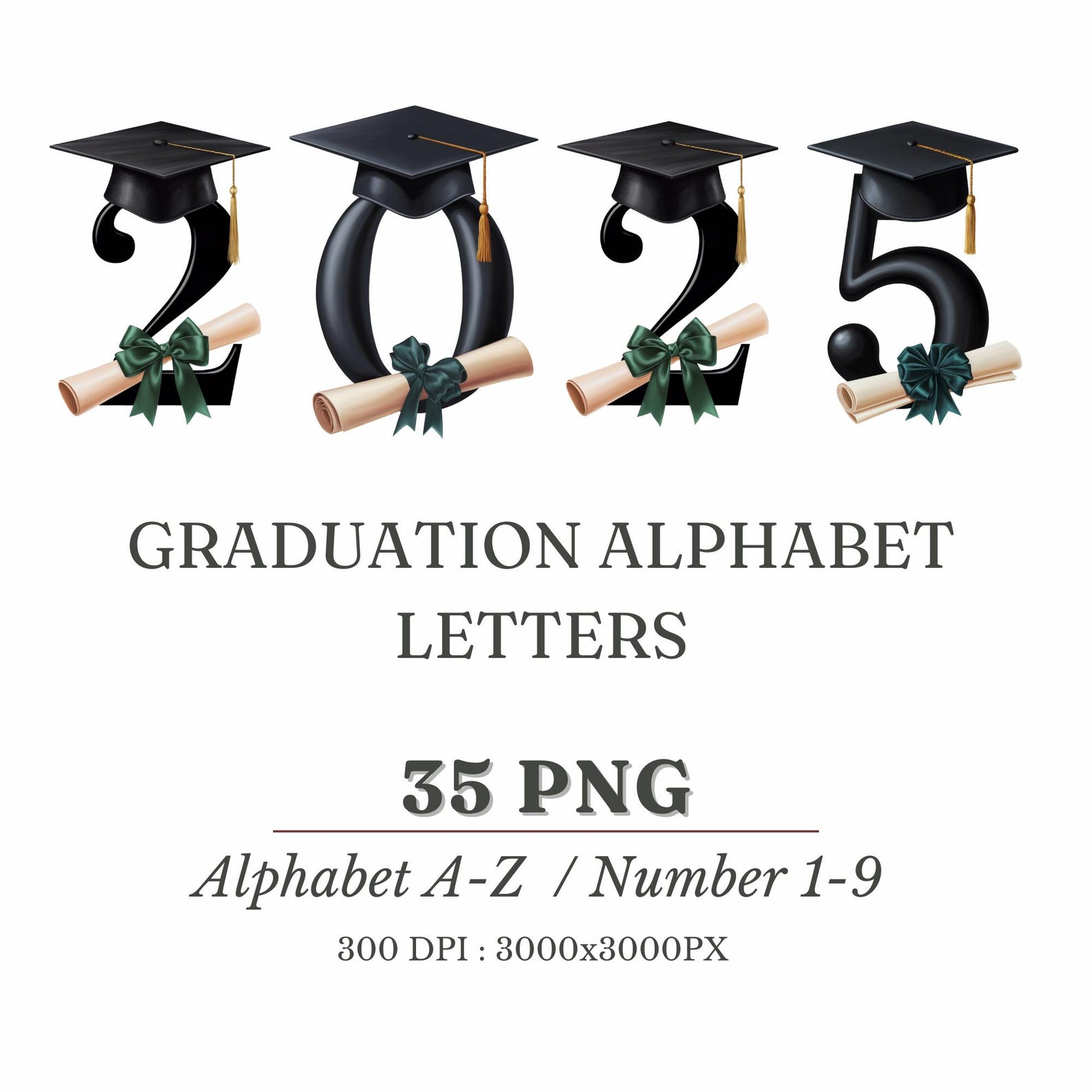 Graduation Alphabet Clipart: Black Cap, Green Ribbon (PNG Digital ...