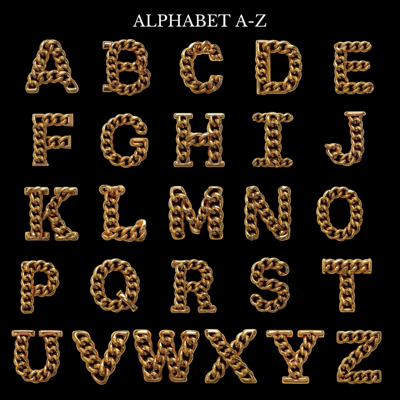 Gold Cuban Chain Alphabet Clipart: Hip Hop Letters & Numbers (PNG ...