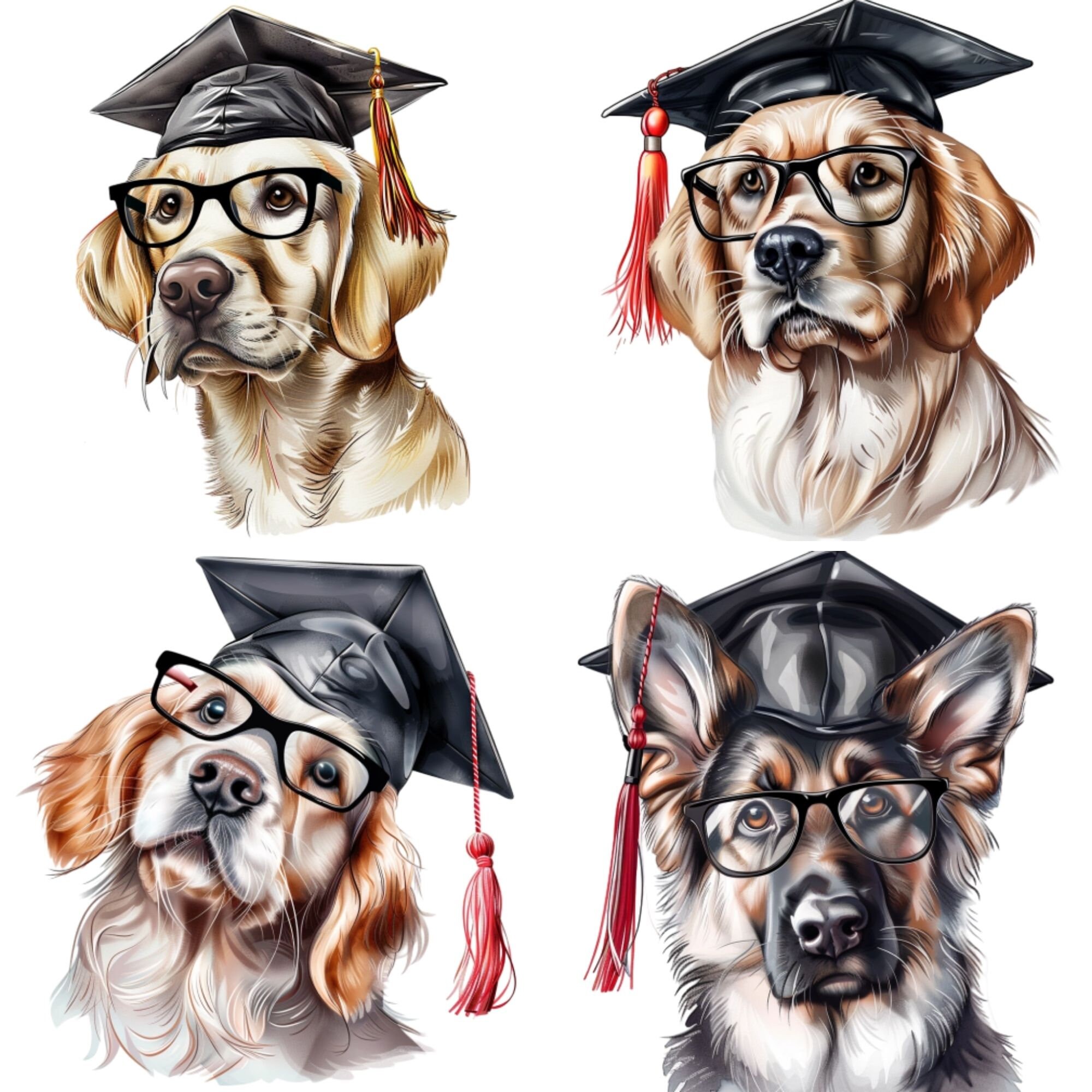 Graduated Dogs Clipart - Many Breeds With Caps and Glasses, 300 DPI PNG ...