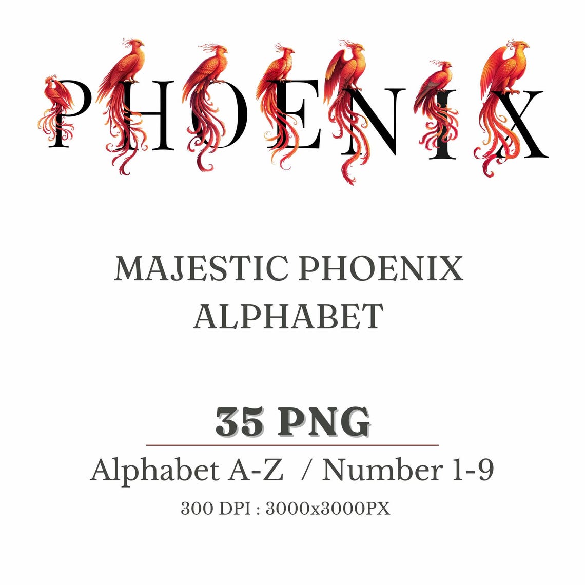 Majestic Phoenix Alphabet Clipart A-Z & Numbers 1-9, Firebird ...