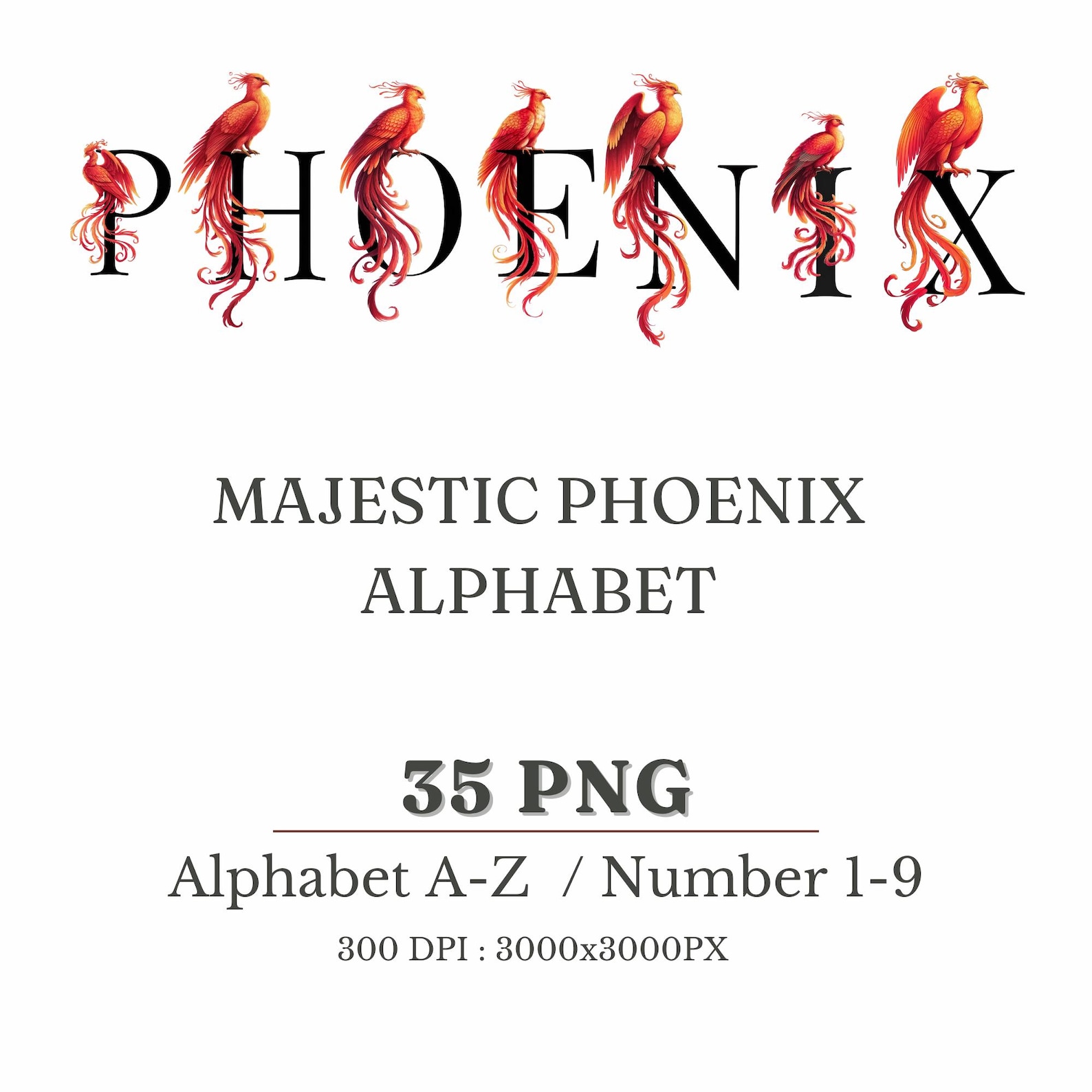 Majestic Phoenix Alphabet Clipart A-Z & Numbers 1-9, Firebird ...