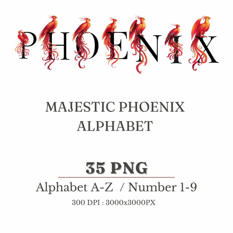 Phoenix Alphabet Clipart: Watercolor Firebird Letters & Numbers ...