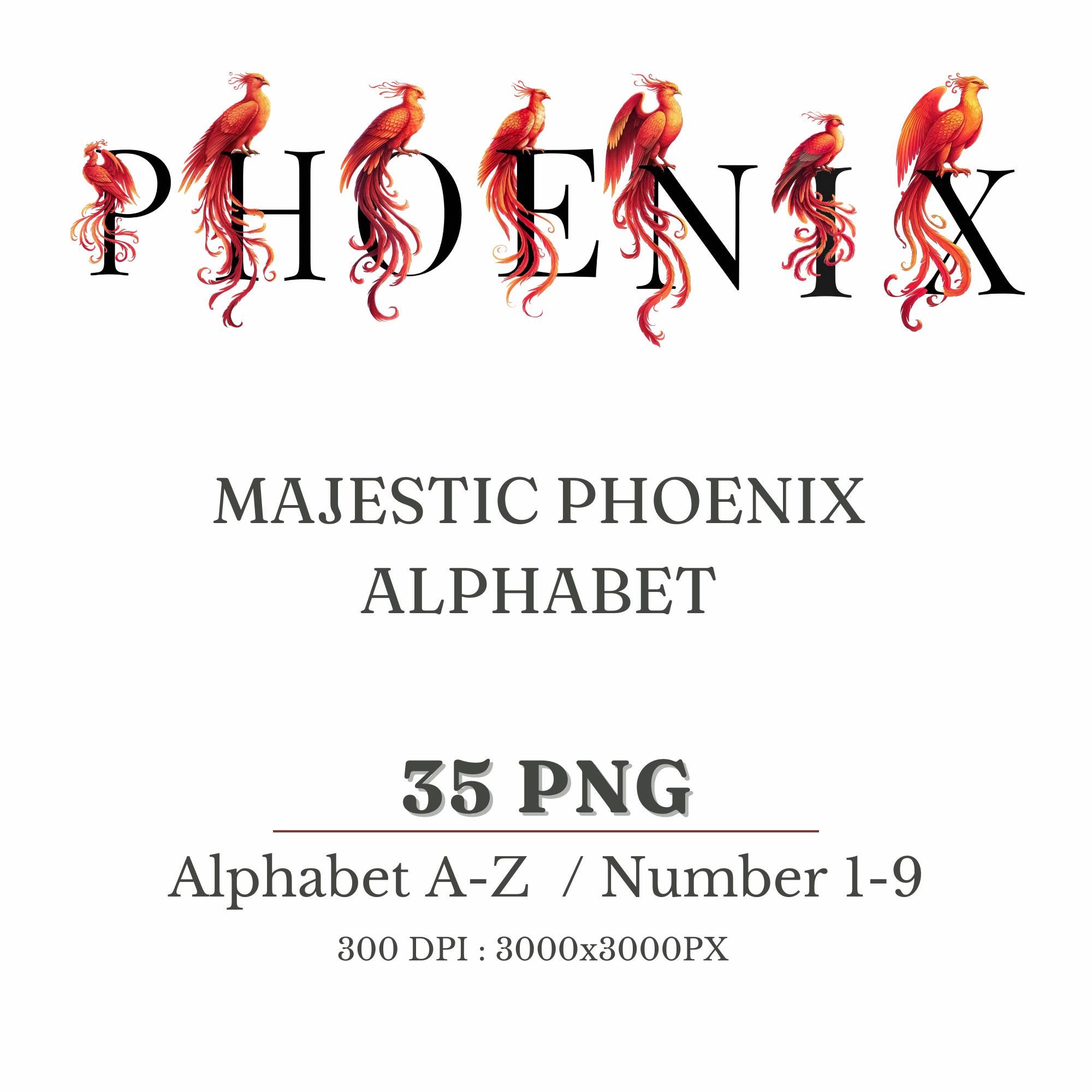 Phoenix Alphabet Clipart: Watercolor Firebird Letters & Numbers ...