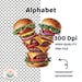 Burger Alphabet Clipart: Cheeseburger Letters & Numbers PNG (digital ...