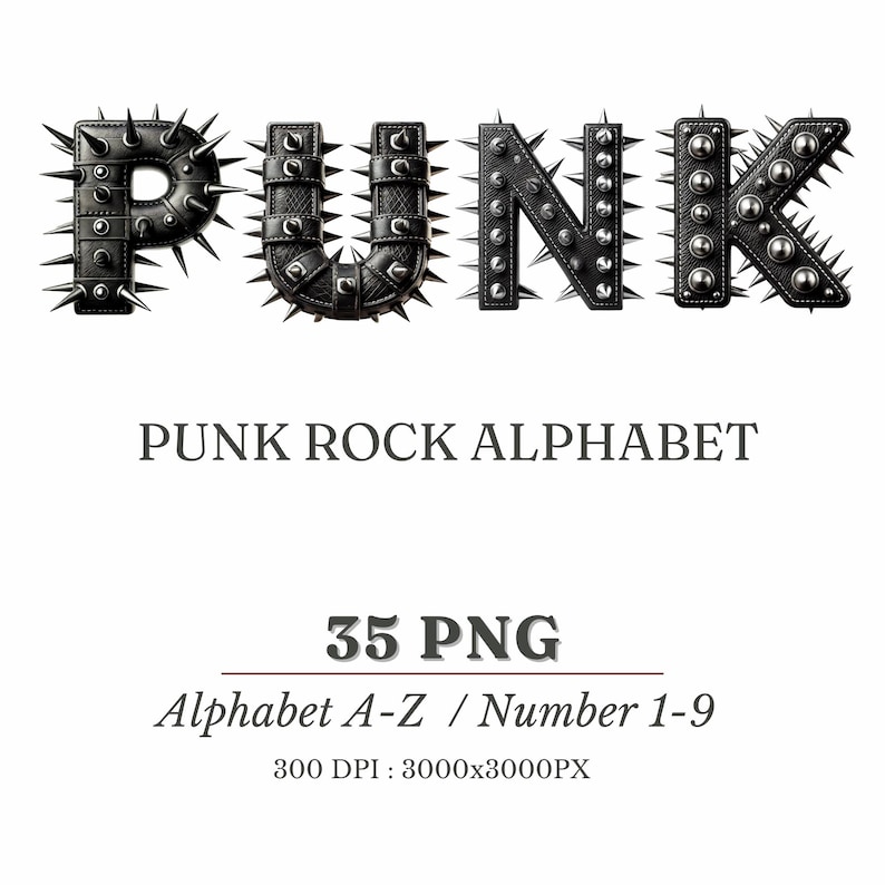 Punk Rock Alphabet Clipart A-Z, Numbers 1-9, 300 DPI PNG, Spiked ...