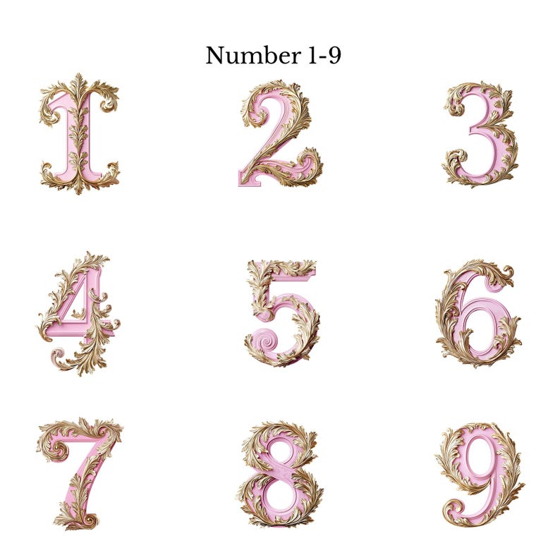 Luxury Baroque Pink & Gold Alphabet A-Z Numbers 1-9 PNG, Ornate Letters ...