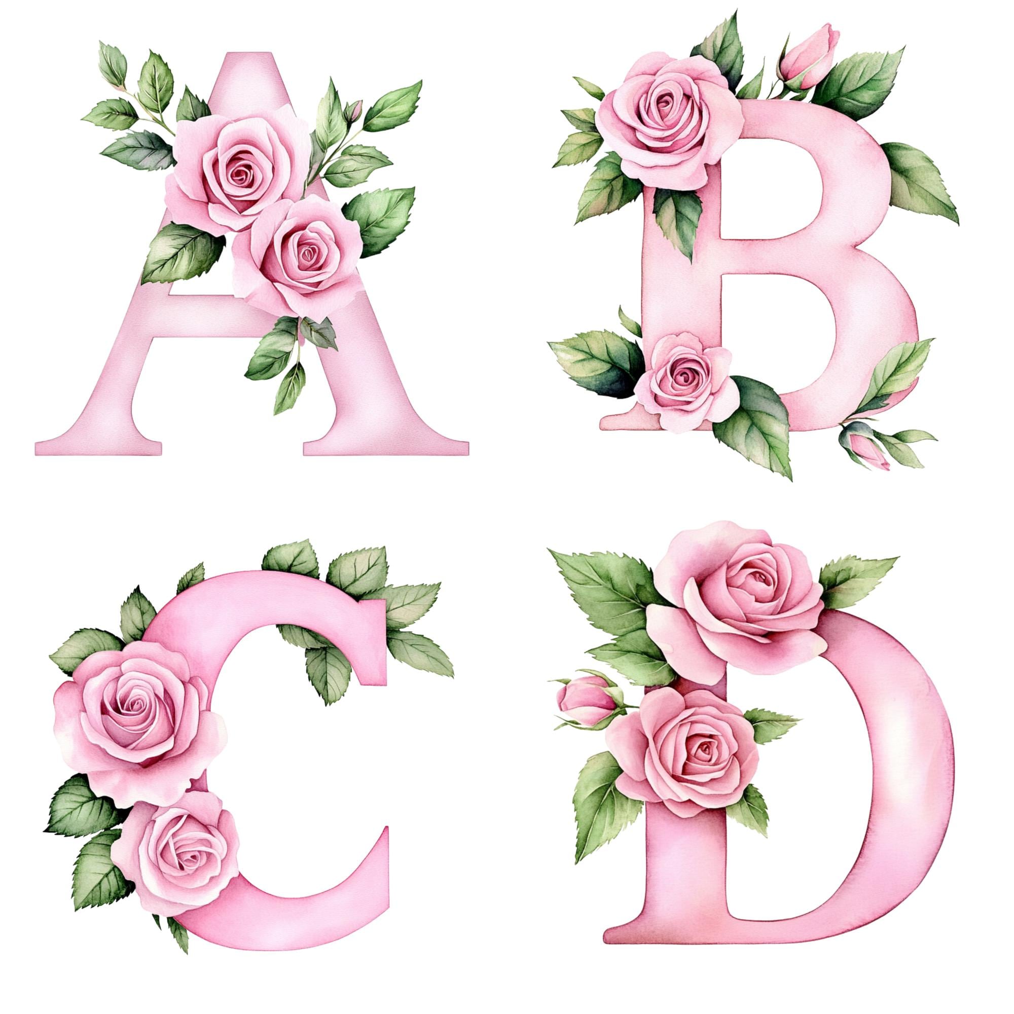 Floral Pink Rose Alphabet A-Z & Numbers 1-9 PNG, Watercolor Pink Rose ...