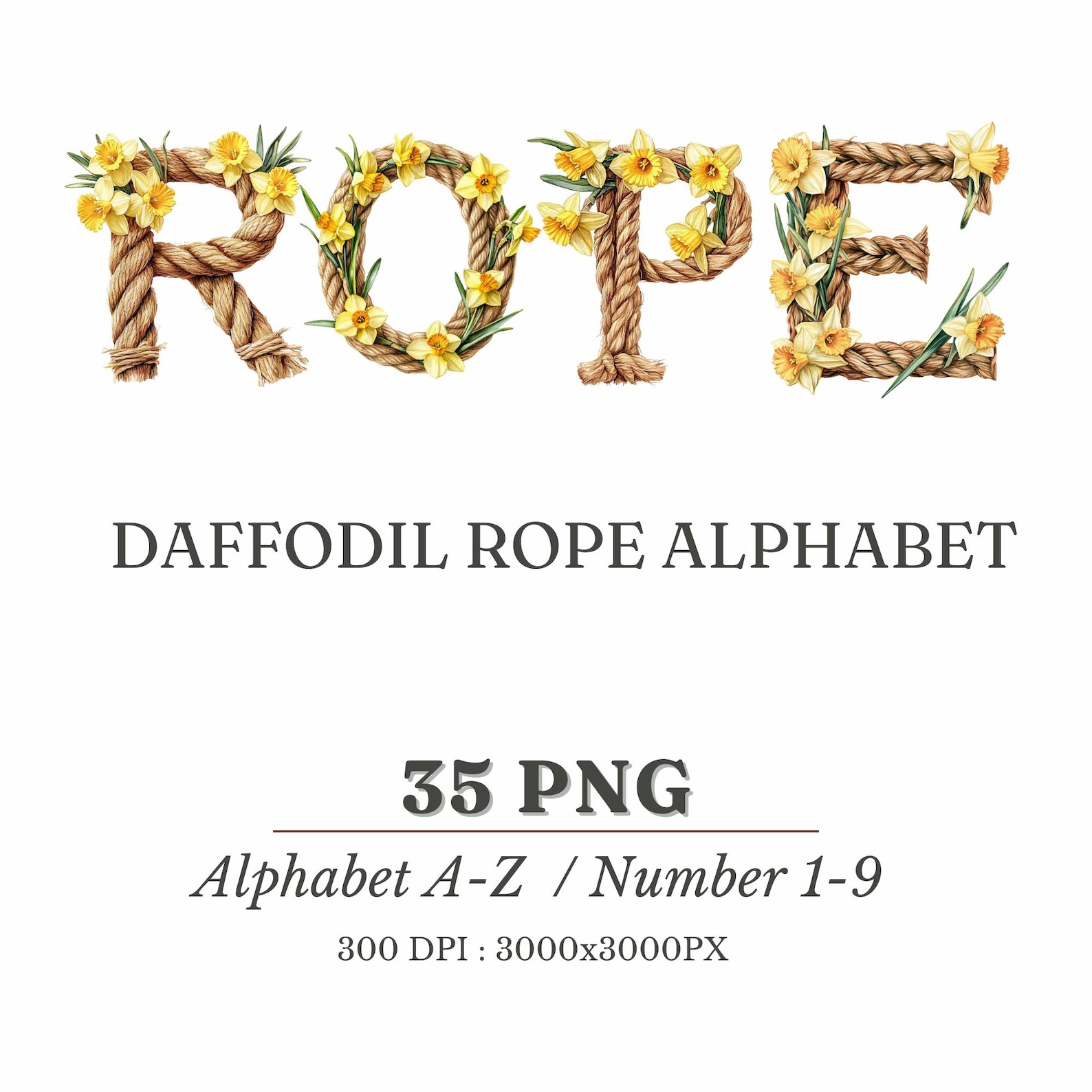 Daffodil Rope Alphabet Clipart: Spring Floral Letters (PNG Digital ...