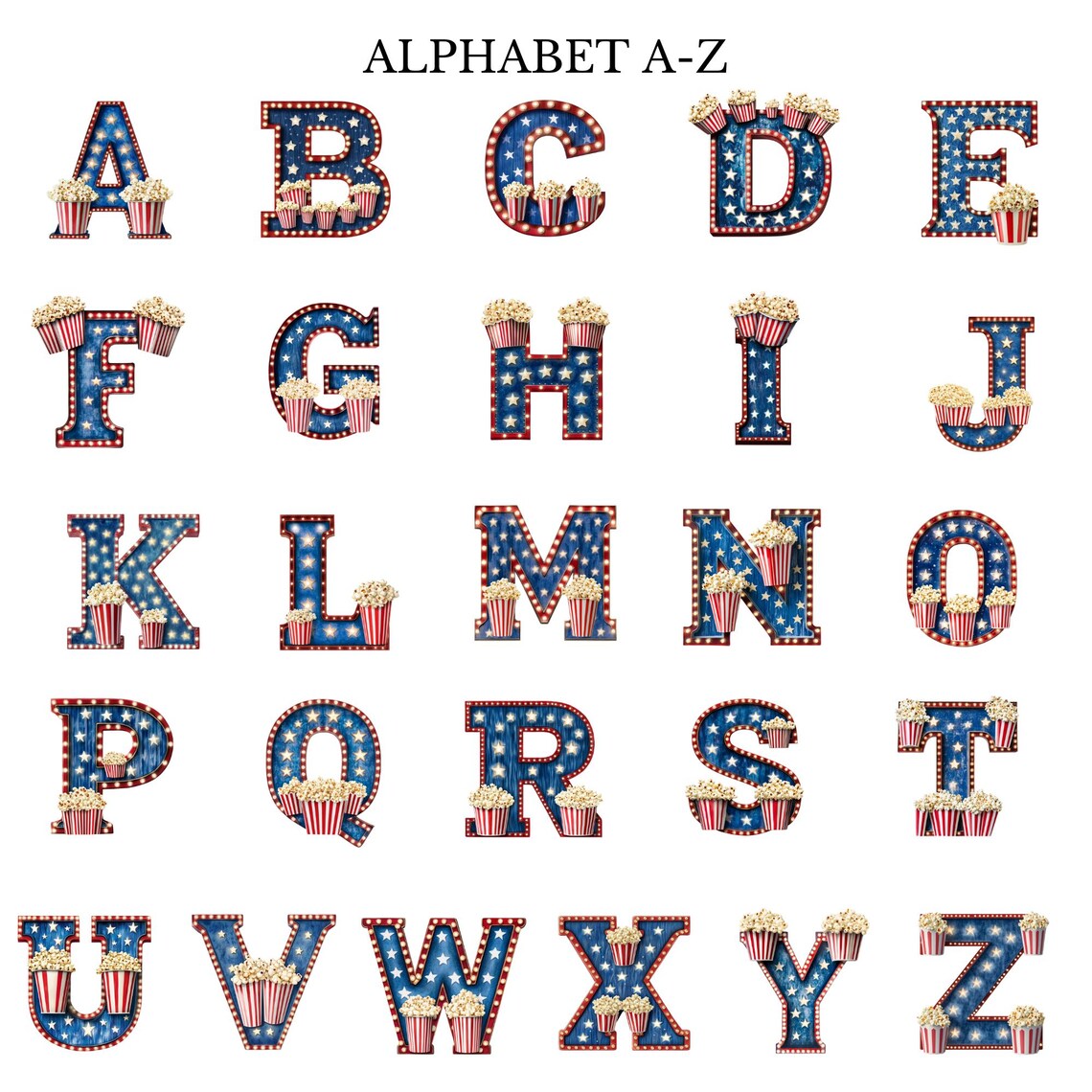 Watercolor Movie Night Alphabet: Marquee Letters PNG (digital Download ...
