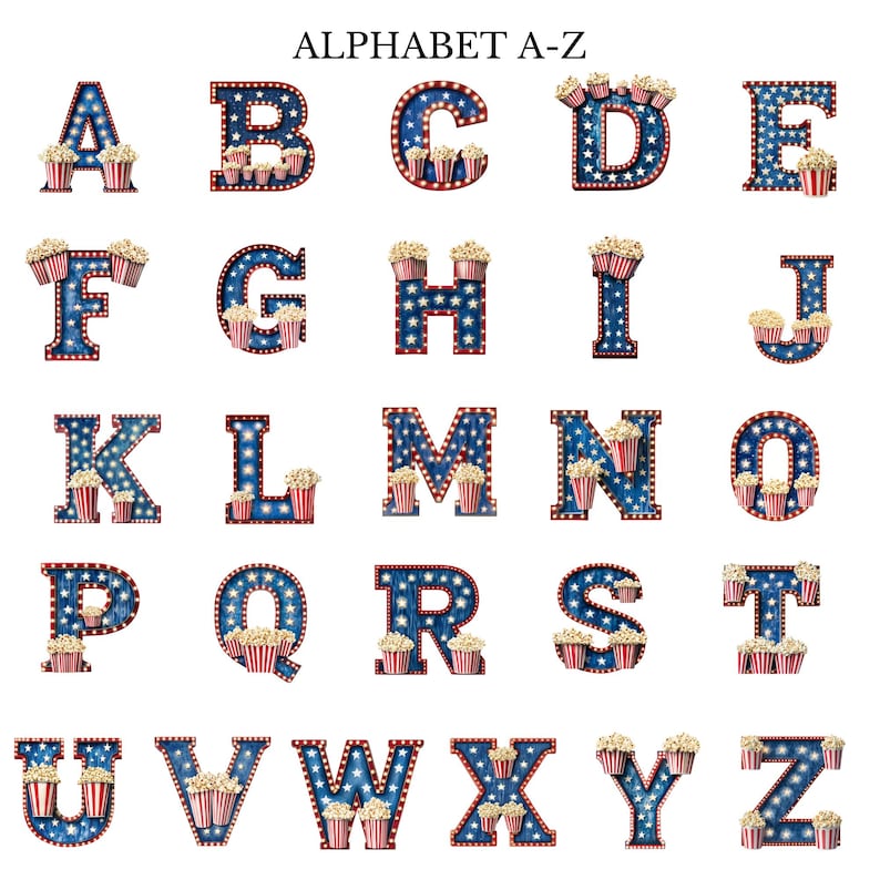 Cinematic Watercolor Movie Night Alphabet A-Z & Numbers 1-9, Marquee ...