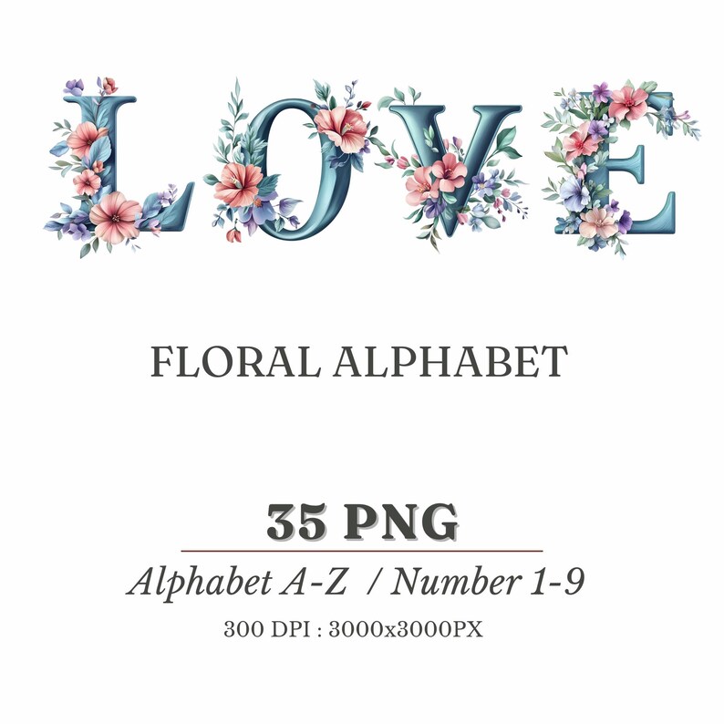 Floral Alphabet Clip Art: Elegant Flower Letters & Numbers (PNG Digital ...
