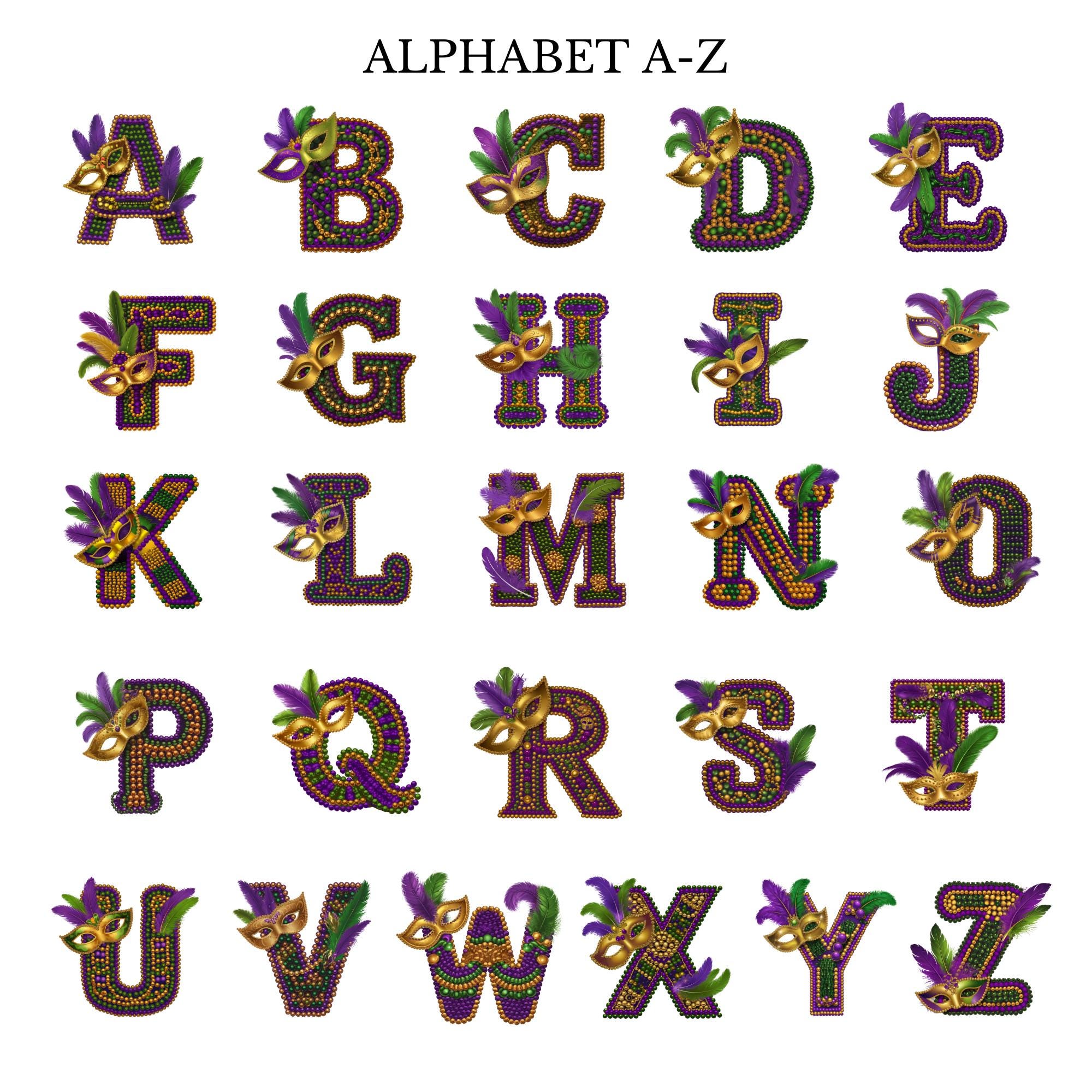 Mardi Gras Alphabet Clipart: Carnival Letters & Numbers (PNG Digital ...