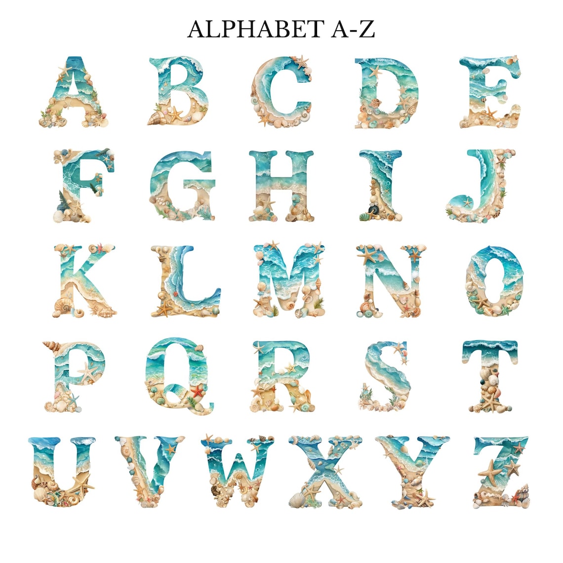 Beach Themed Alphabet Letters A-Z & Numbers 1-9 Clip Art, Ocean Letter ...